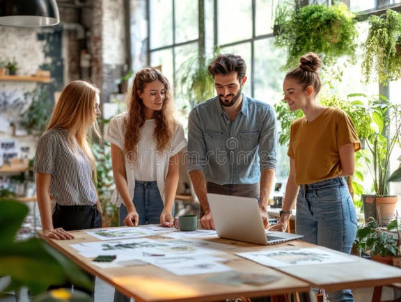 Creative Team Brainstorming in Urban Loft Office Stock Illustration ...