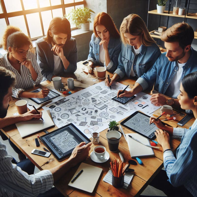 Creative Team Brainstorms Office Diverse Group Works Tablets Paper ...