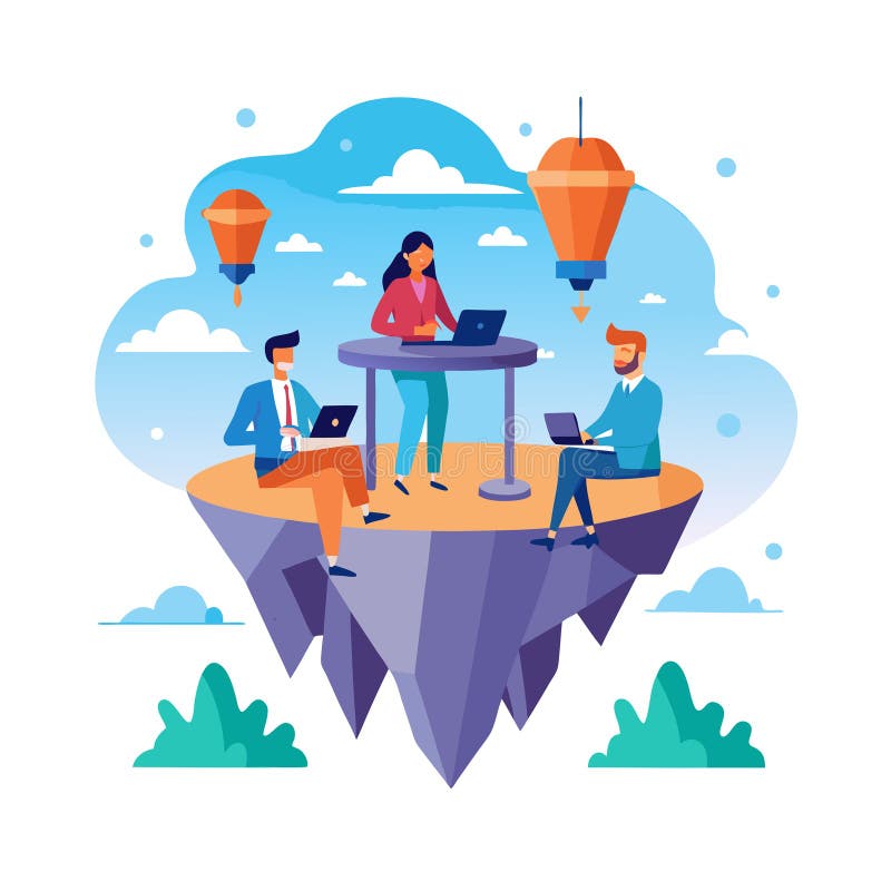 Creative Team Collaborating on a Floating Island, Working Together on Laptops and Discussing ...