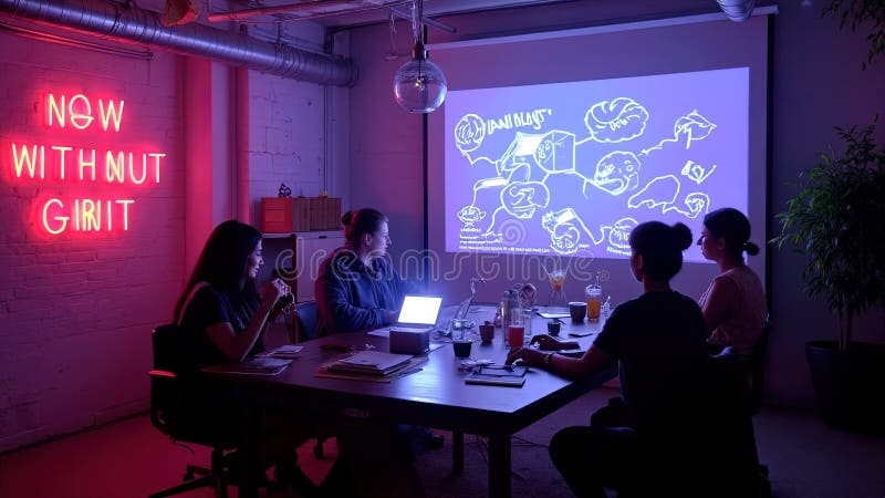 Creative Team Collaboration in Modern Office with Projector Display ...