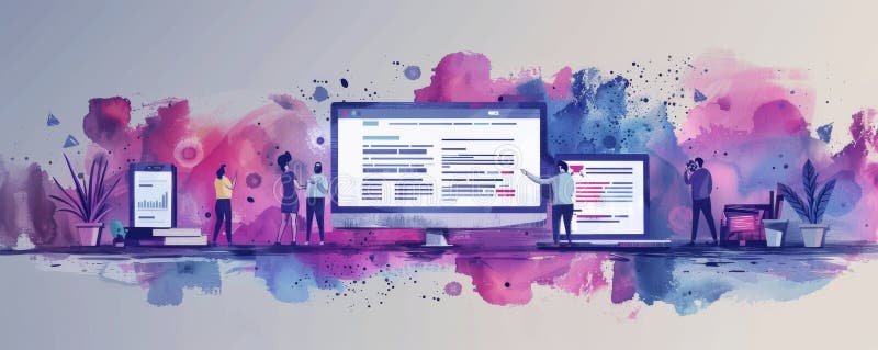 Creative Team in a Digital Workspace with Vibrant Abstract Art and ...