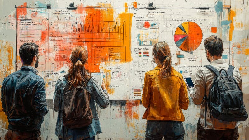 Team Collaboration in Front of Colorful Data Analysis Wall Charts Stock ...