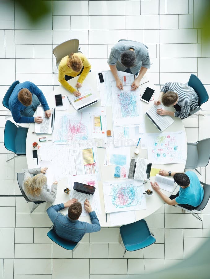 Team Collaborates at Round Table with Devices and Brainstorming ...