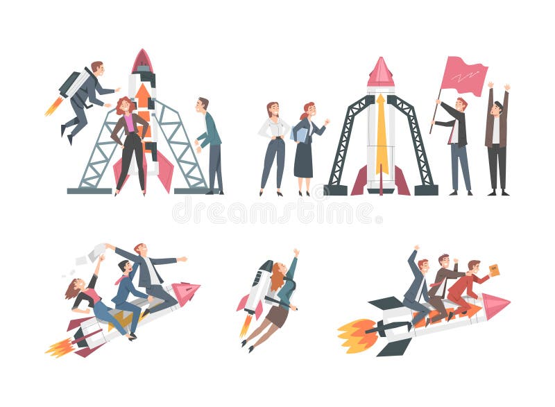 Creative Team Launch Rocket in Space Vector Set Stock Vector ...