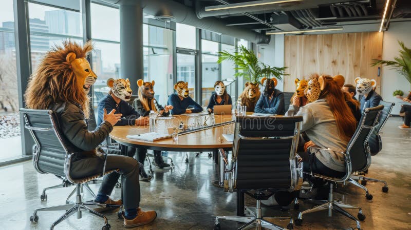 Creative Team Meeting with Leaders Wearing Animal Masks in Modern ...