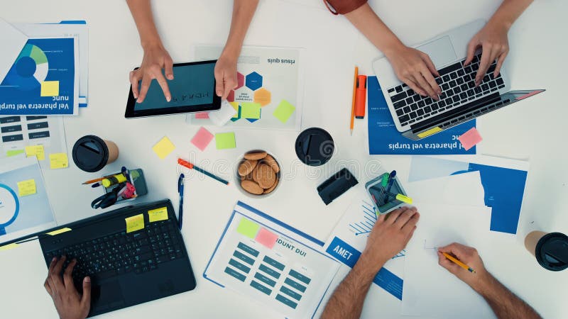 Creative Team Office Work. Up Down View on Table. People Working. Shot ...
