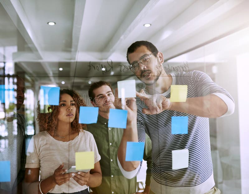 Creative, Team and Sticky Notes on Glass for Planning, Timeline and ...