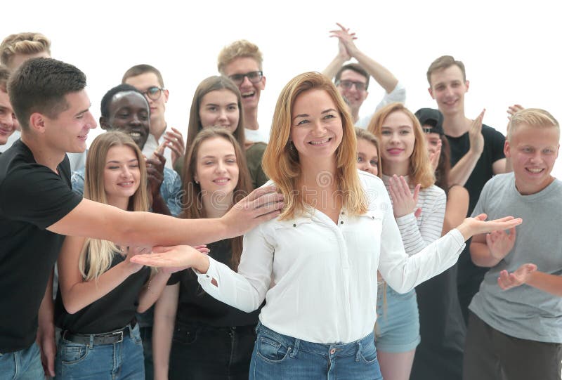 Creative Team of Young People Congratulating Their Leader Stock Photo ...