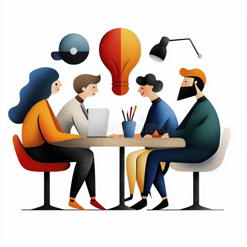 Creative Teamwork Around a Table with Ideas Stock Illustration ...