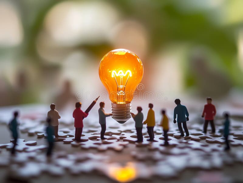 Creative Teamwork Concept with Diverse Figures and Glowing Light Bulb ...