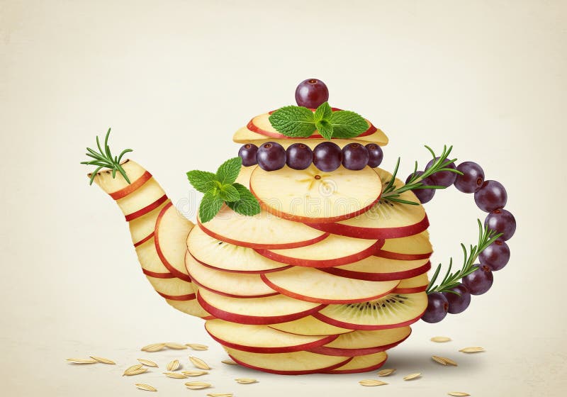 Creative Teapot Design with Sliced Apples, Grapes, and Fresh Herbs ...