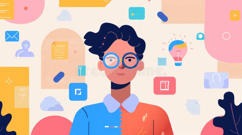 Creative Technology Concept: Person with Glasses Surrounded by ...