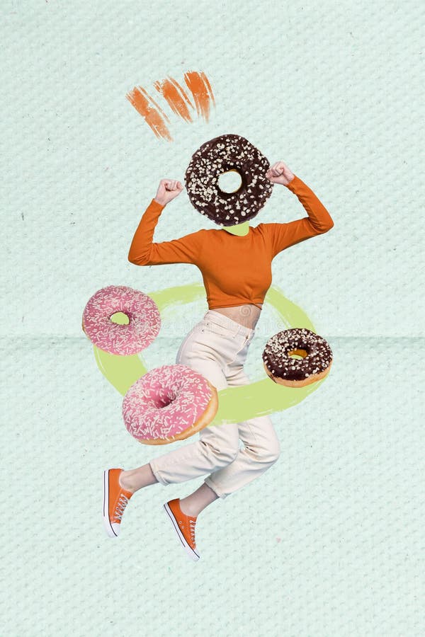 Creative Template Graphics Collage Image of Funky Lady Donut instead Head Jumping Flying ...