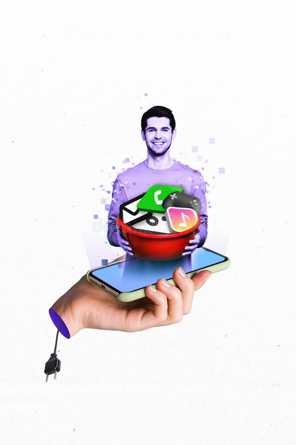 Creative Template Virtual Collage Pf Holographic Assistant Man Hold ...