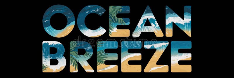 Illustrative Ocean Breeze Text Design with Tropical Theme and Wave Elements Stock Illustration ...