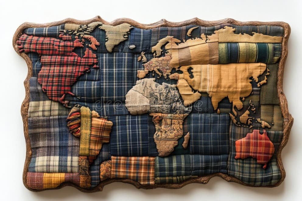 World Map Created with Patchwork Textile Showcasing Various Patterns and Textures, Representing ...