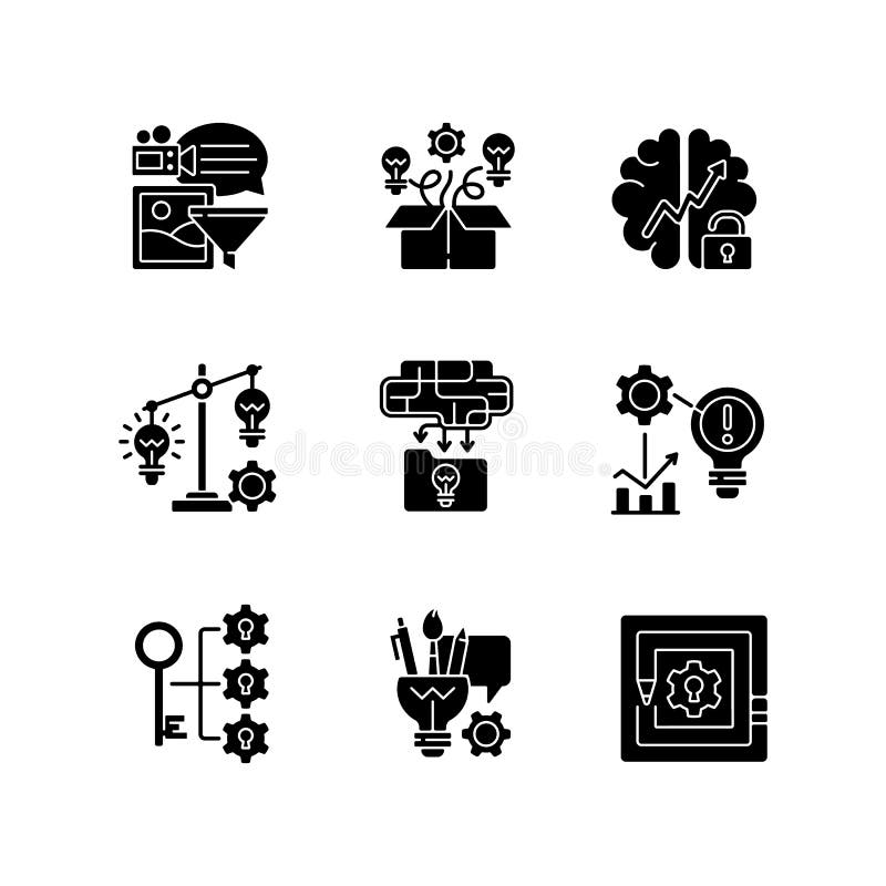 Creative Thinking Black Glyph Icons Set on White Space Stock Vector ...