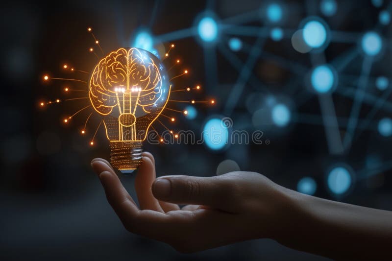Creative Thinking Concept Hand Holds Virtual Lightbulb with Brain ...