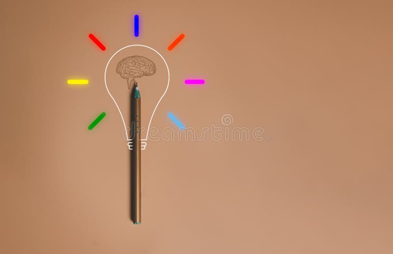 Creative Thinking Idea from Pen , Brain and Light Bulb Glowing, Sign of ...