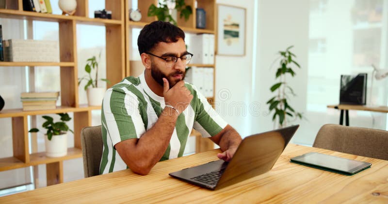 Creative, Thinking and Man at Laptop in Office for Sustainable Business ...
