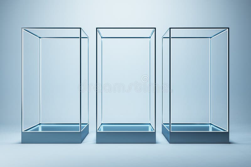 Creative Three Empty Glass Showcases on Light Background. Products ...