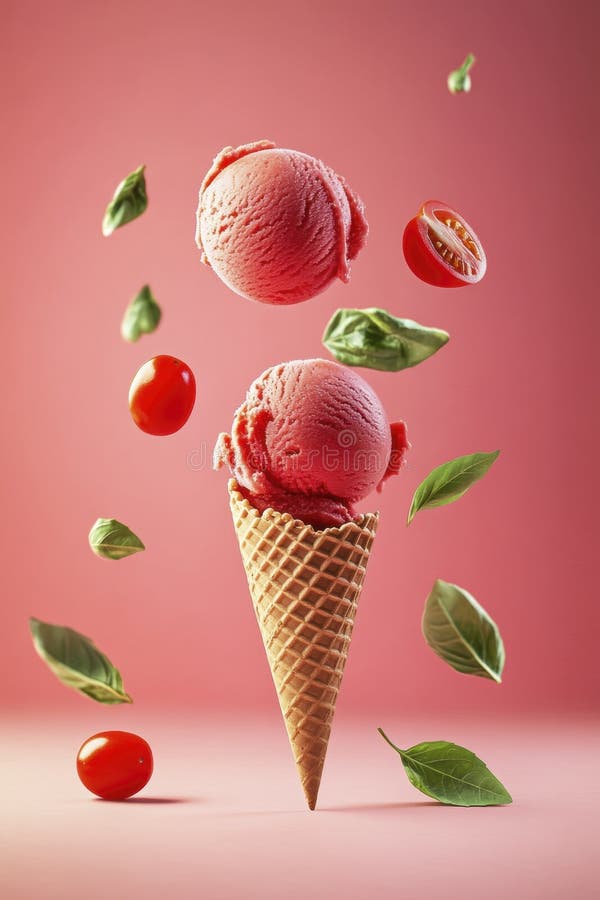 Creative Tomato Basil Ice Cream Cone Display with Floating Ingredients ...
