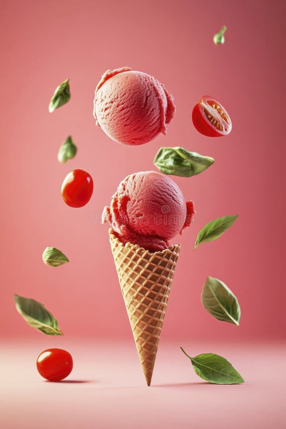 Creative Tomato Basil Ice Cream Cone Display with Floating Ingredients ...