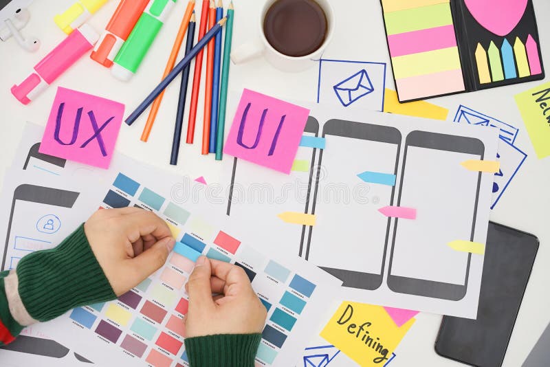 Creative Top View Photo of UX UI Designer Working Space. User ...