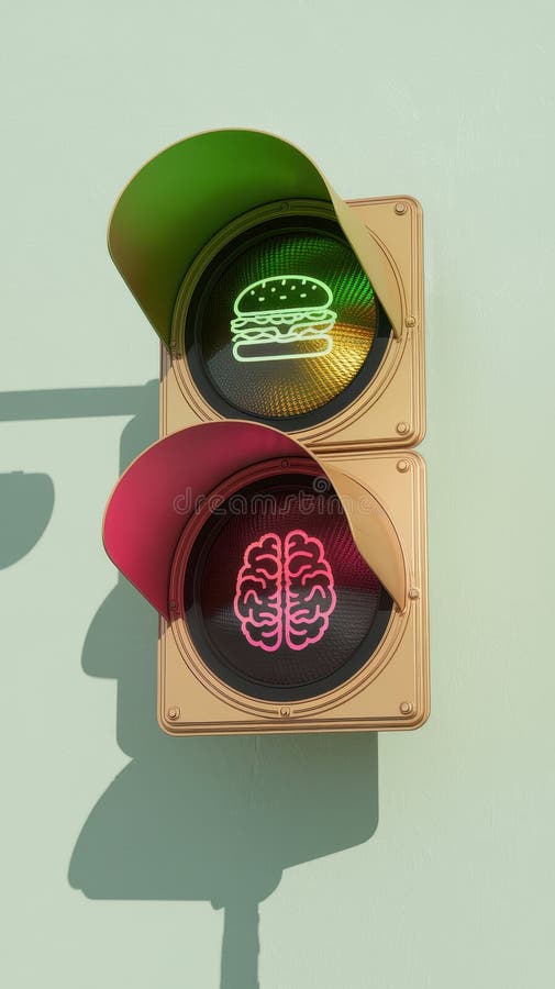 Creative Traffic Light with Hamburger and Brain Icons on Lights Stock ...