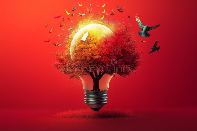 Creative Tree Lightbulb Concept with Colorful Birds on Vivid Red ...