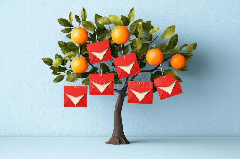 Creative Tree with Oranges and Red Envelopes Hanging, Symbolizing ...