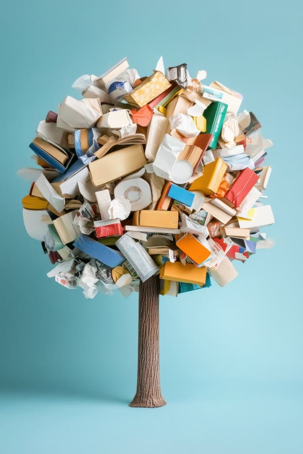 Creative Tree Sculpture Made of Everyday Objects Against Blue ...