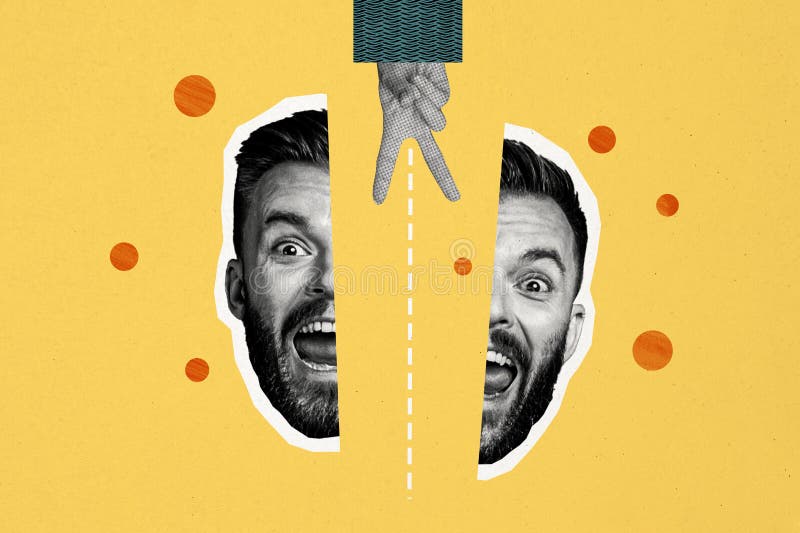 Creative Trend Collage of Funny Man Hand Half Scream V-sign Scissors ...