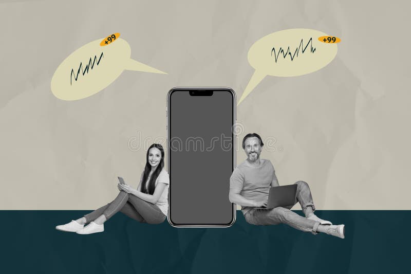 Creative Trend Collage of People Sit Near Digital Gadget Screen with ...