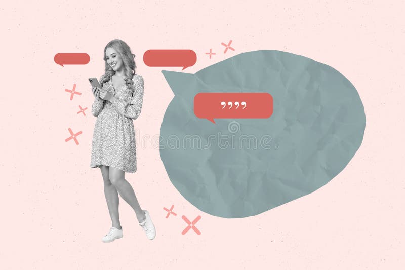 Creative Trend Collage of Person Use Phone with Big Text Box on Pink ...
