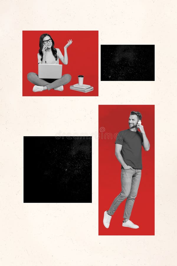 Creative Trend Collage of Two Friends Communicate Network Talk Phone ...