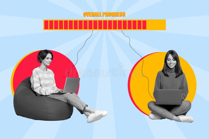 Creative Trend Collage of Two Sitting Working Young Girls Use Laptops ...