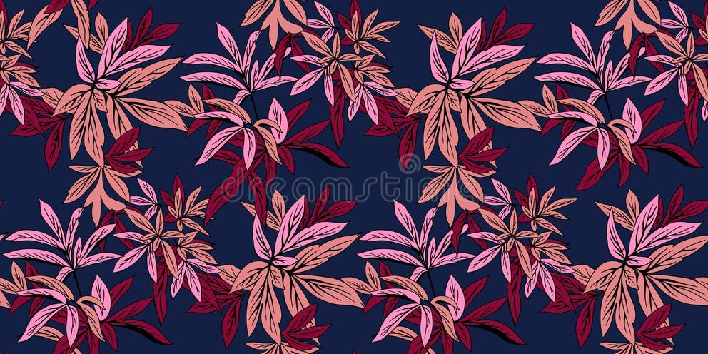 Creative Tropical Branches Leaves Seamless Pattern on a Dark Blue ...
