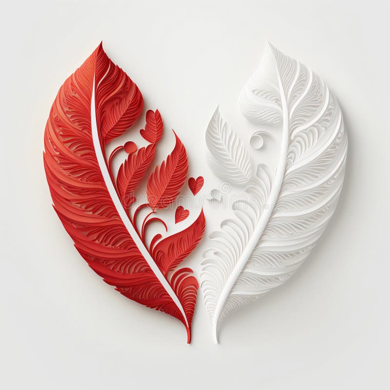 Creative Two Paper Feathers Heart Shape in White and Red Stock ...