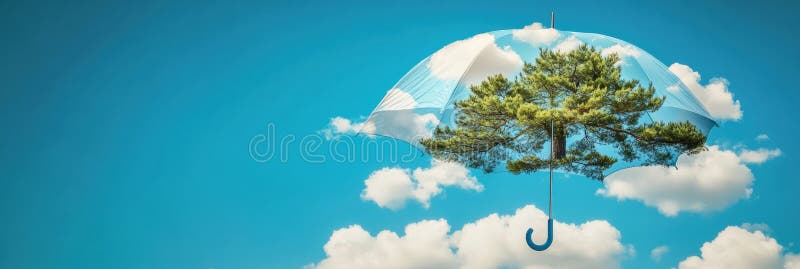 Creative Umbrella Made of Pine Tree Canopy and Clouds in Bright Blue ...