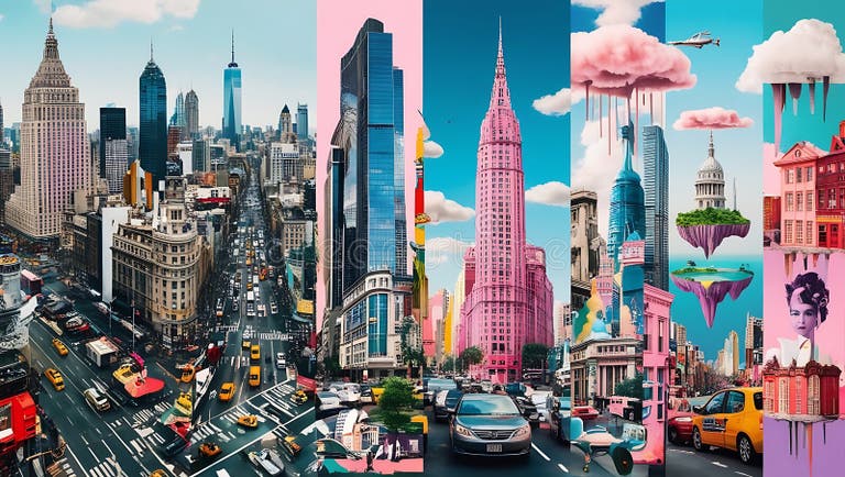 Creative Urban Collage Surreal Cityscape in High Resolution Stock ...