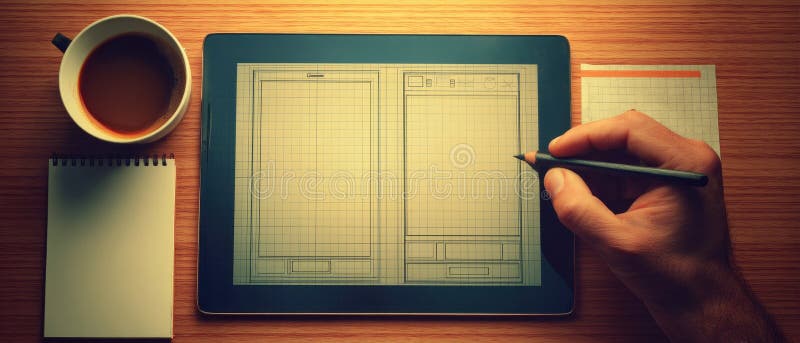 Creative UX Designer Wireframing App Concepts on Tablet with Sketchpad ...
