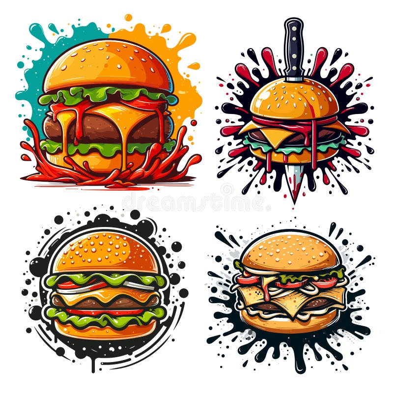 Creative Vector Illustration of Burgers with Cheese and Ink Splashes ...