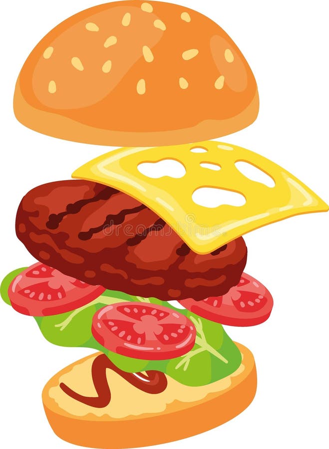 Exploded View of a Delicious Cheeseburger Vector Illustration Stock ...