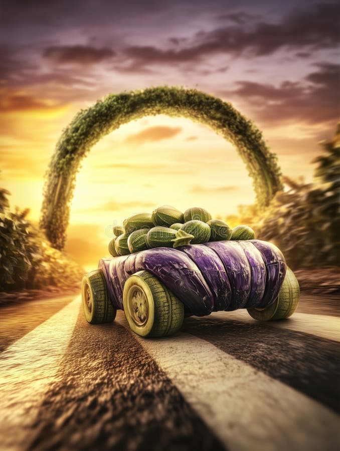 A Whimsical Purple Vegetable Car Filled with Watermelons Against a ...