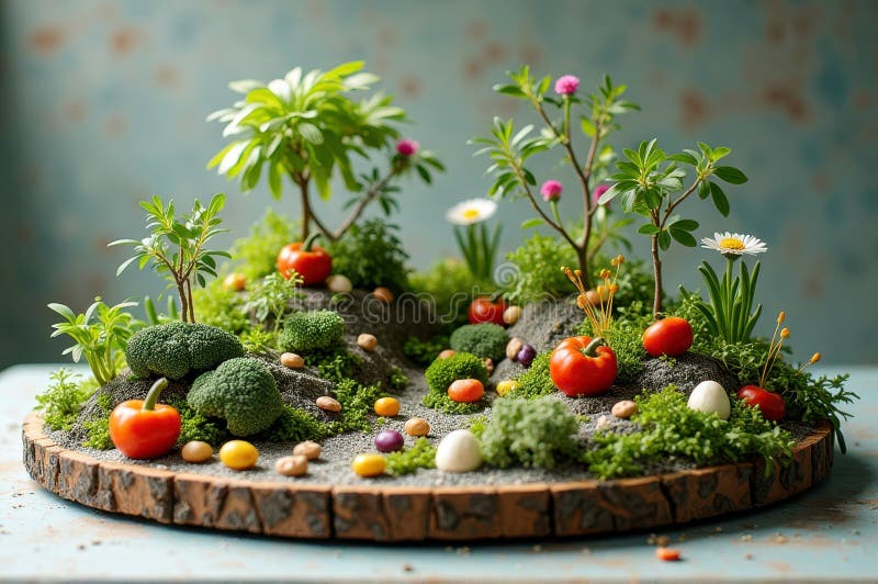Creative Vegetable Garden Art with Tomatoes and Broccoli on Wooden ...
