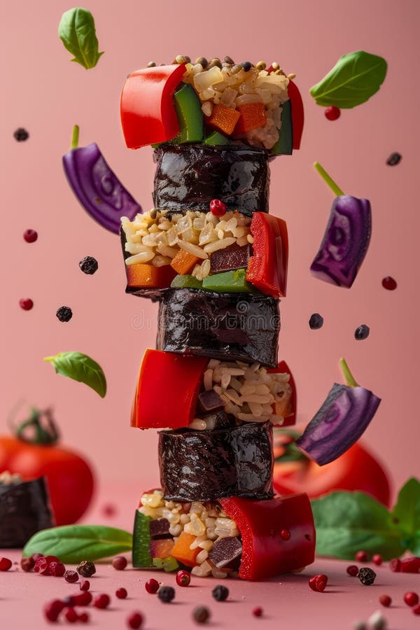 Creative Vegetable and Rice Tower Composition with Herbs and Spices on ...