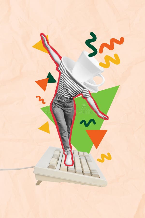 Creative Vertical Collage Picture of Headless Lady Walking Computer ...