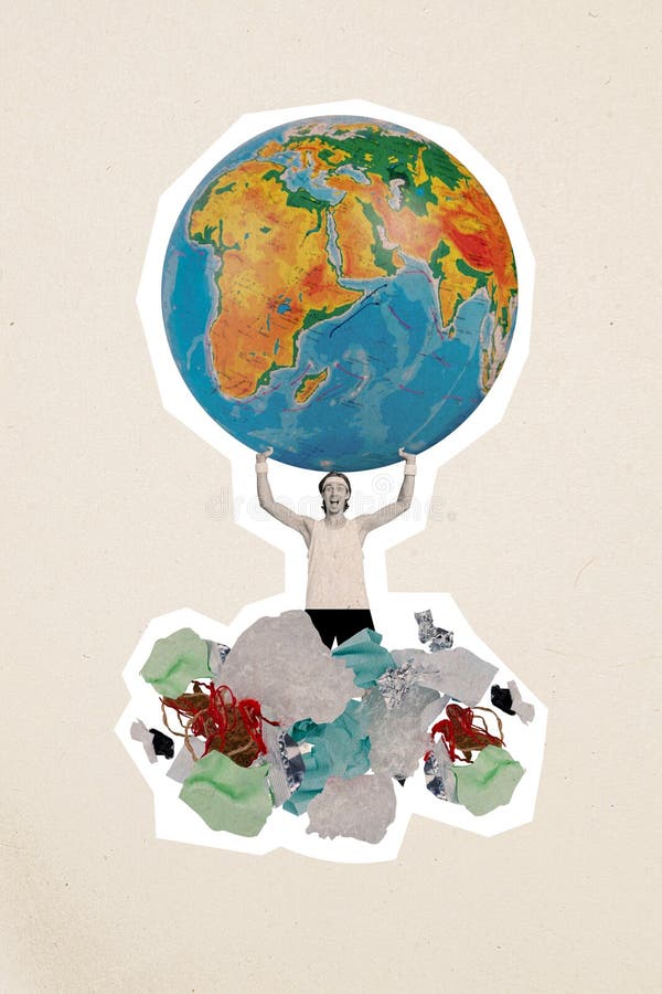 Creative Vertical Collage Young Strong Activist Man Holding Earth ...