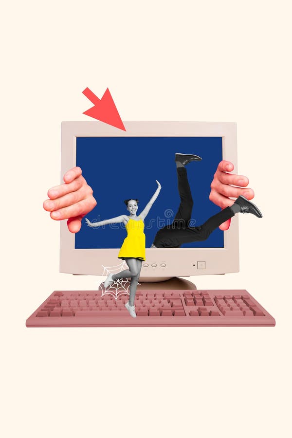 Creative Vertical Poster Young Cheerful Woman Computer Screen Device ...